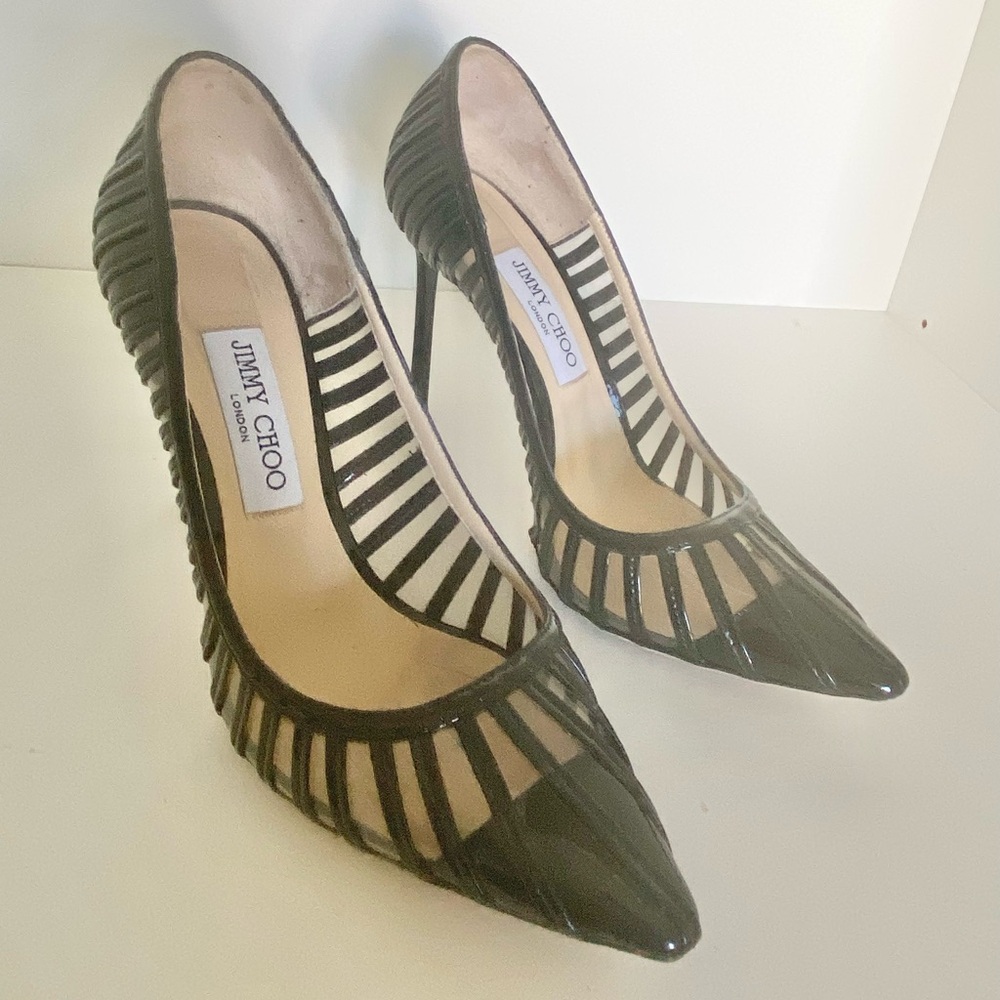 Jimmy Choo Romy 100 Black Patent Leather Caged Heels … - Gem